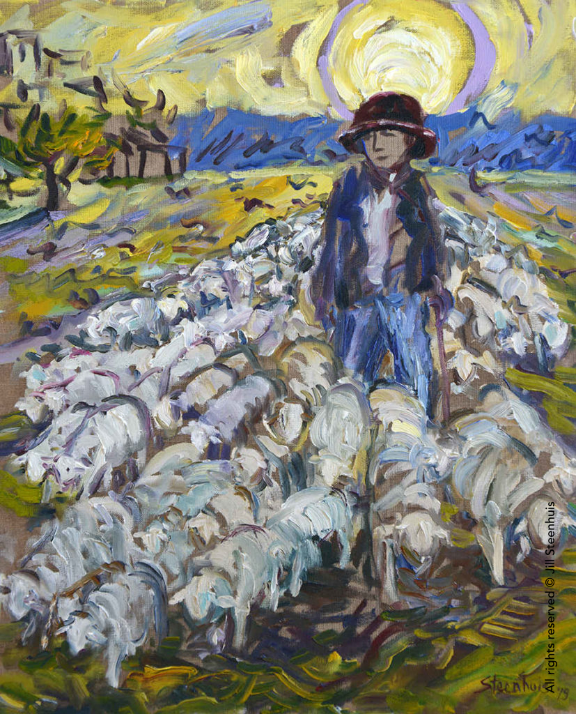 Shepherd & his Flock at Sunset - Art in Provence